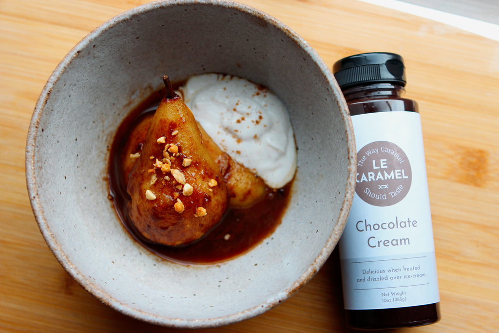 Mango Chutney Spiced Poached Pears With Chocolate Cream - Mantry Inc.